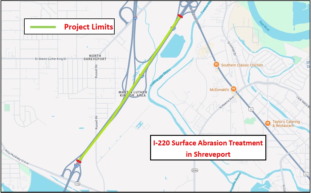 Map indicates location of surface abrasion treatment project on I-220 ...