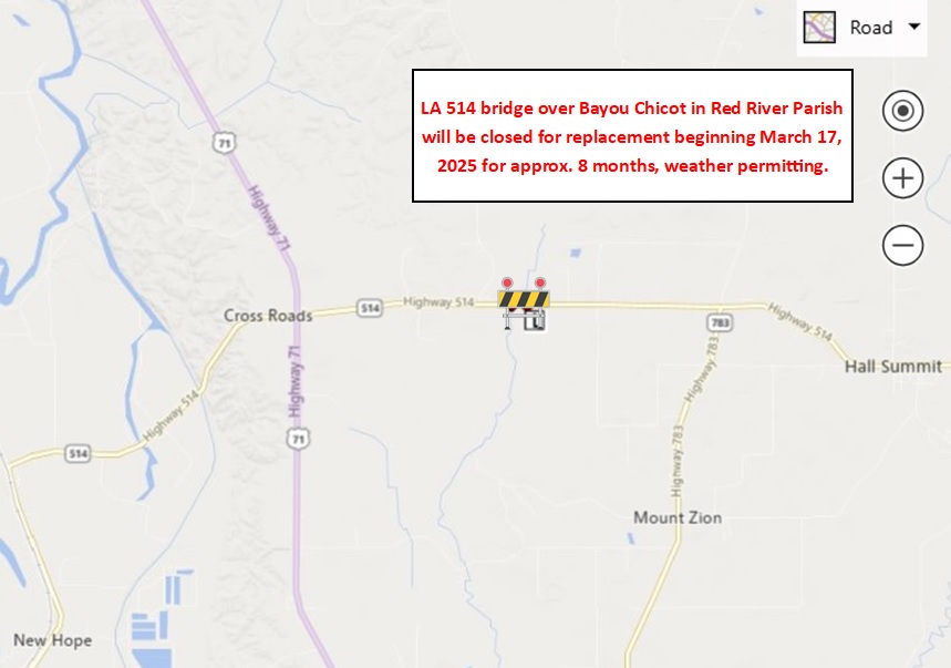 Map indicates location of LA 514 bridge closure over Bayou Chicot in